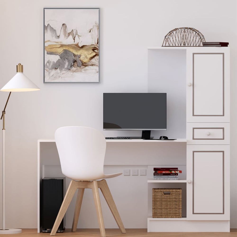 Evu CLEMENT 2 Door Single Drawer Home Office Desk White | Homebase