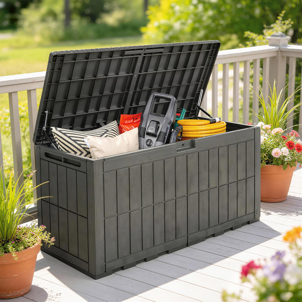 Outsunny 440L Brown Waterproof Garden Storage Box with Lockable Lid ...