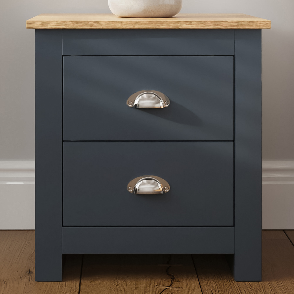 GFW Lancaster 2 Drawer Slate Blue Bedside Table with Oak Effect Top ...