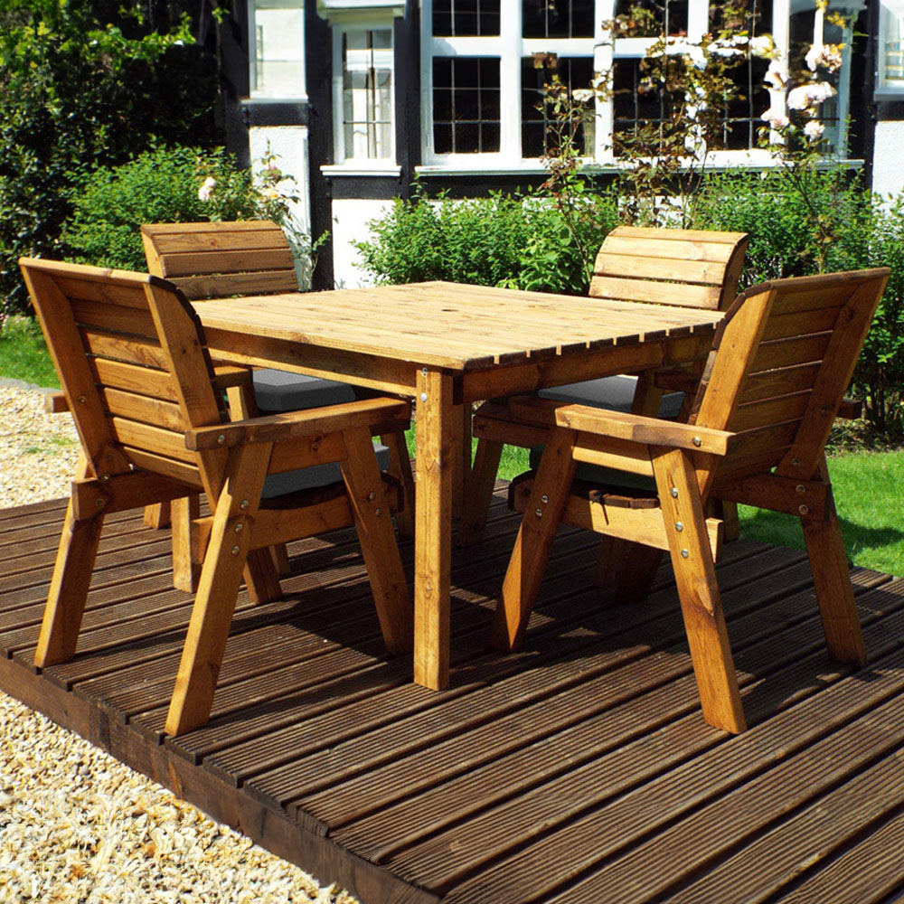 Charles Taylor Solid Wood 4 Seater Square Outdoor Dining Set with Grey Cushions Homebase