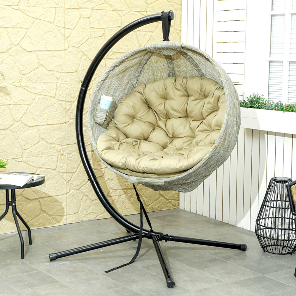 Outsunny Khaki Hanging Egg Chair with Folding Basket | Homebase